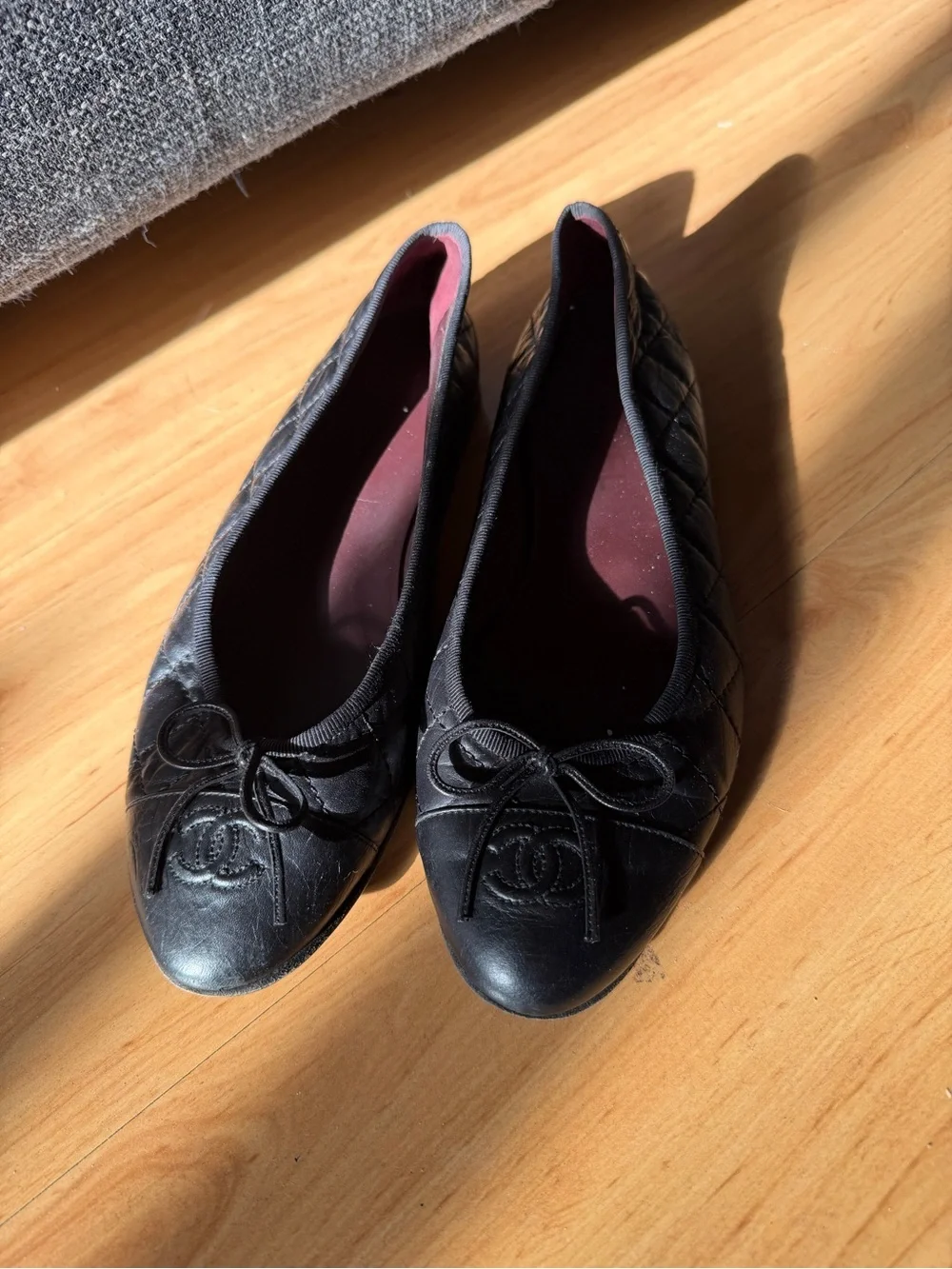 Shoes | Chanel Quilted Black Leather Ballet Flats With Logo Cap Toe ...
